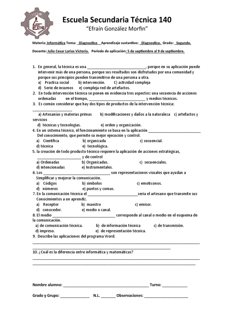 Examen Diagnostico Segundo Grado. Prof. Julio | PDF | Comunicación