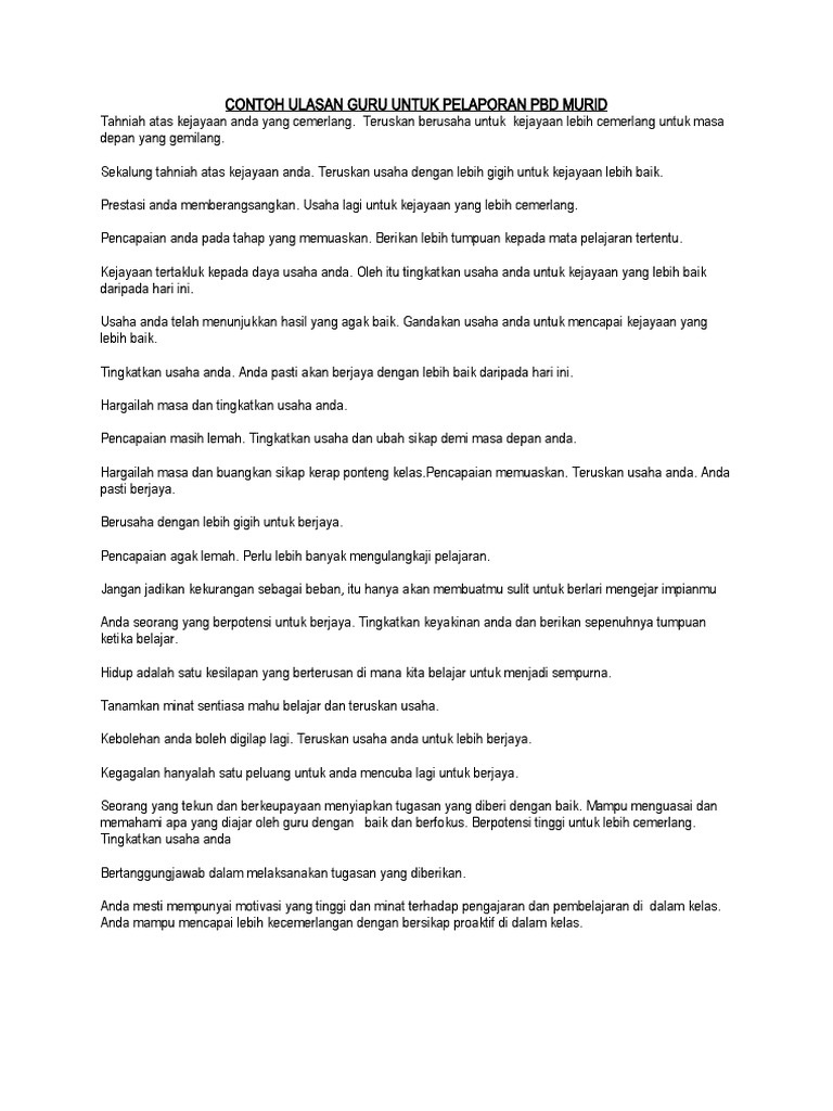 Contoh Ulasan Guru Untuk Pelaporan PBD Murid | PDF
