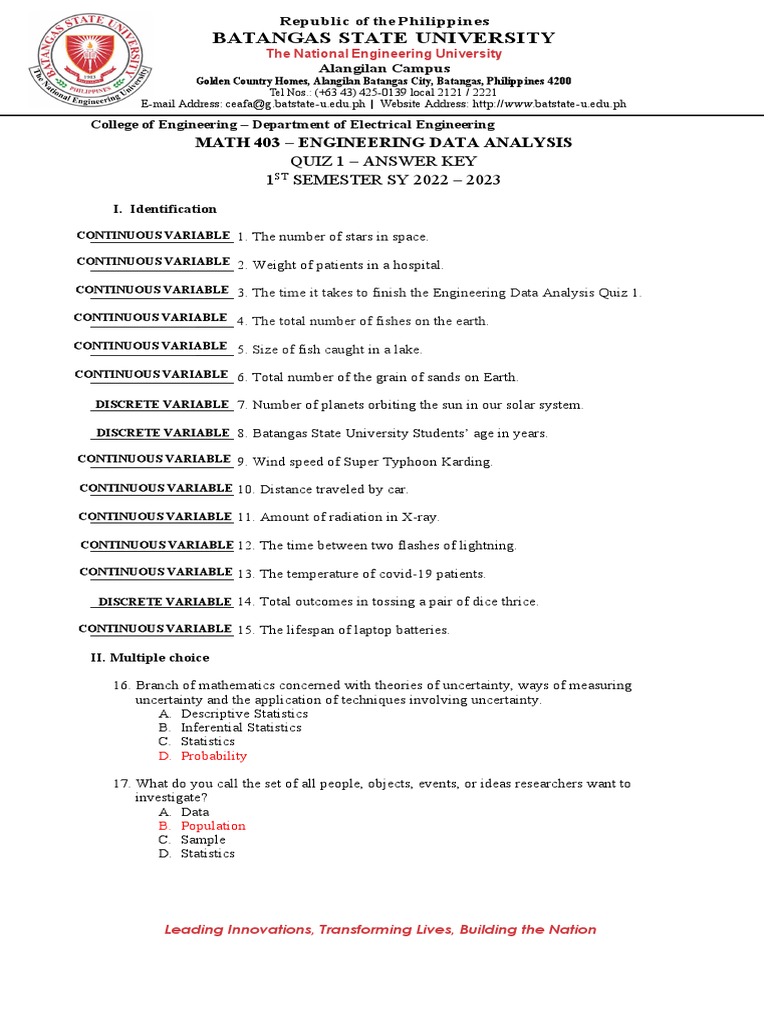 Math 403 Quiz 1 - Answer Key v1.0 | PDF | Sampling (Statistics) | Variance