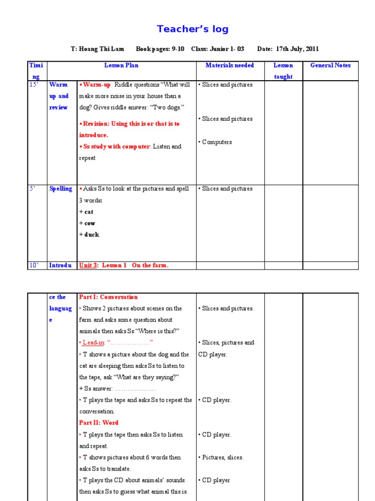 Teacher's Log: T: Hoang Thi Lam Book Pages: 9-10 Class: Junior 1-03 ...