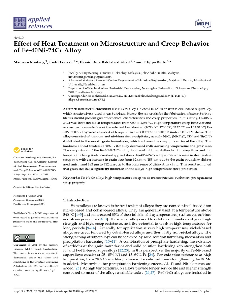Effect of Heat Treatment On Microstructure and Creep Behavior of Fe-40Ni 24Cr | PDF | Creep ...