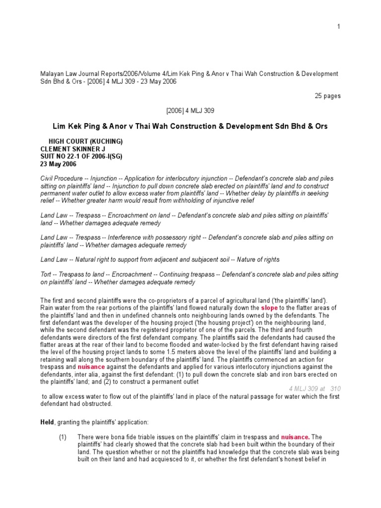 Lim Kek Ping & Anor V Thai Wah Construction | PDF | Trespass | Injunction