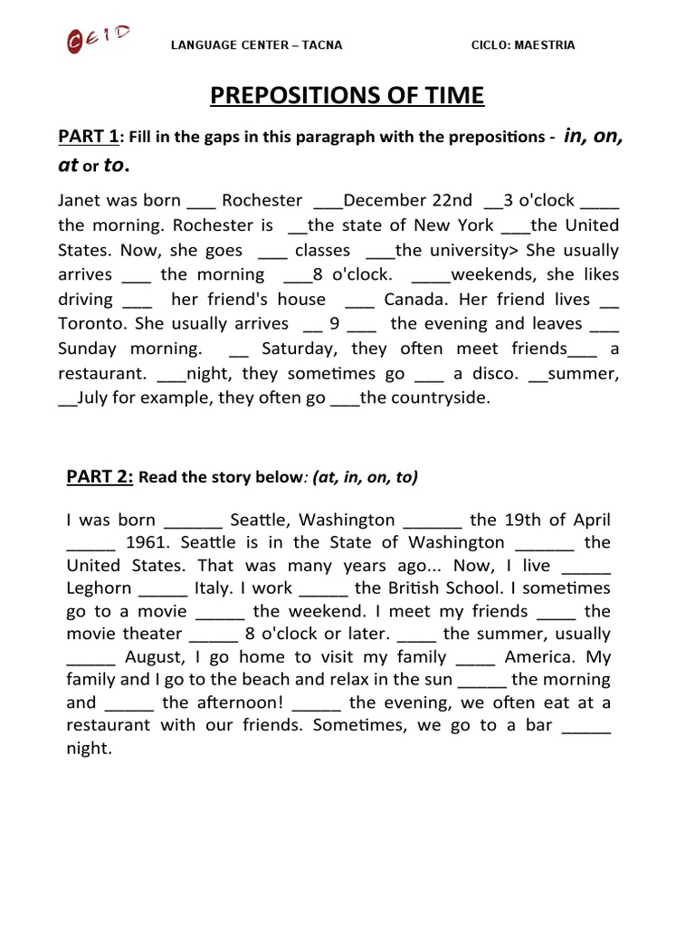 Prepositions of Time Reading | PDF