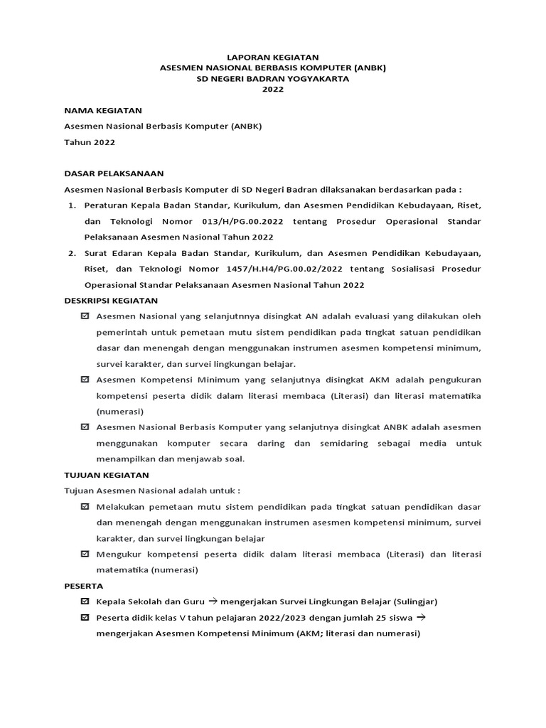 Laporan Kegiatan Anbk 2022 | PDF