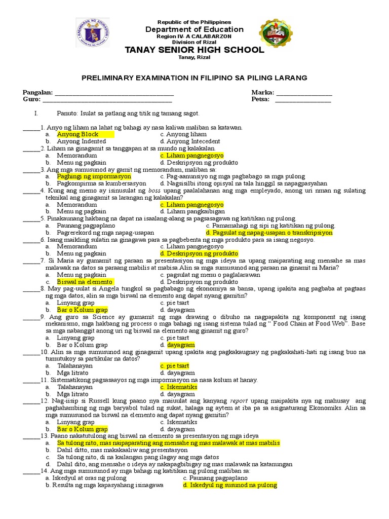 Filipino Sa Piling Larangan 1st Quarter With Anskey | PDF
