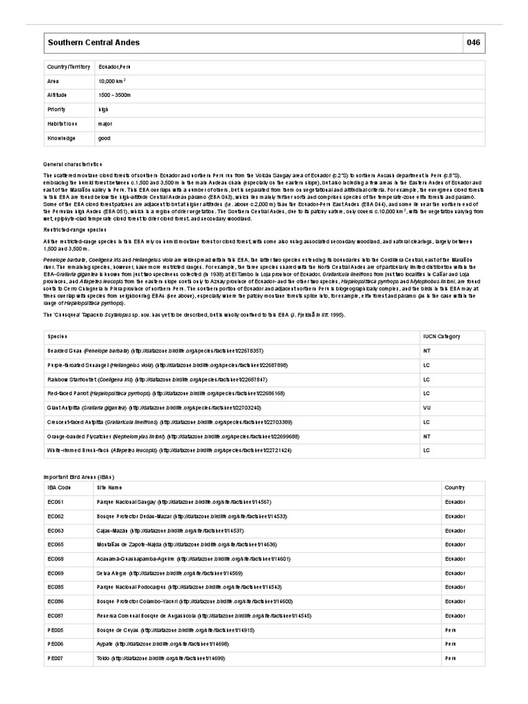 BirdLife Data Zone EBA 046 Southern Central Andes | PDF | Andes ...