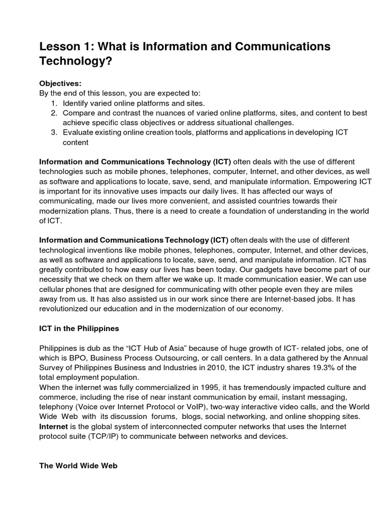 Lesson 1 What Is ICT and Online Platfors and Sites | PDF | Internet ...