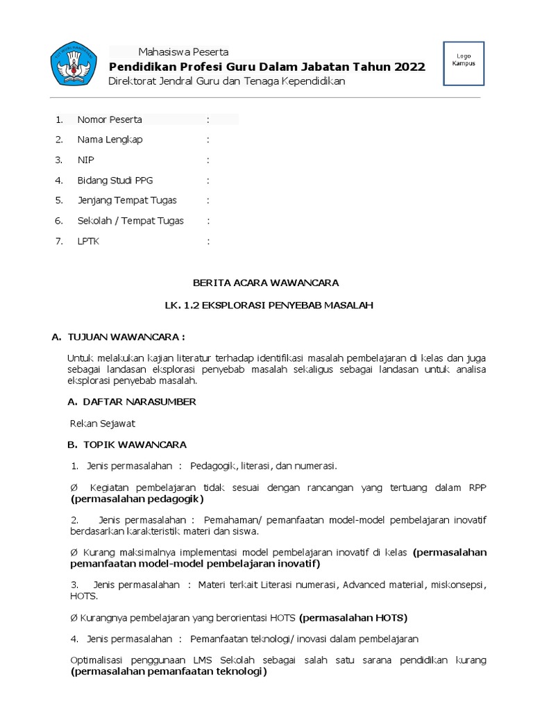 Berita Acara Wawancara Eksplorasi Penyebab Masalah (Contoh) | PDF