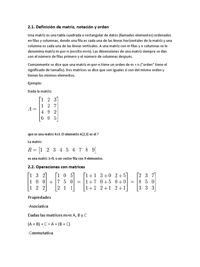 2.1. Definición de Matriz, Notación y Orden | PDF | Matriz (Matemáticas ...