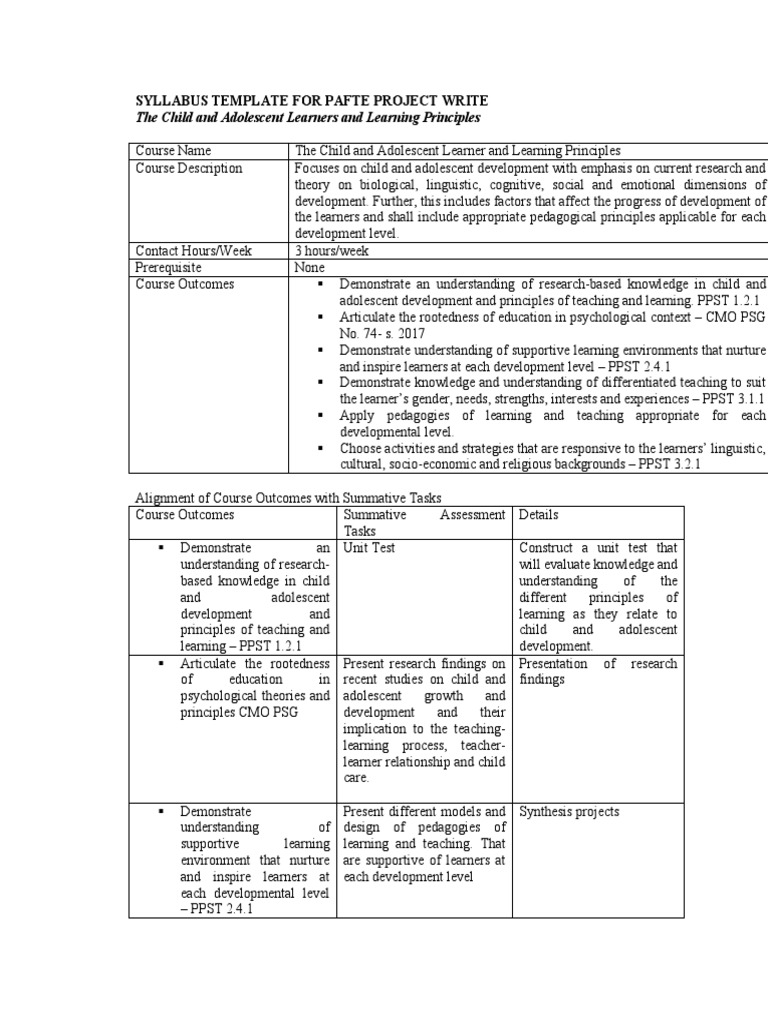 Child & Adolescent Learning Syllabus | PDF | Learning | Developmental ...