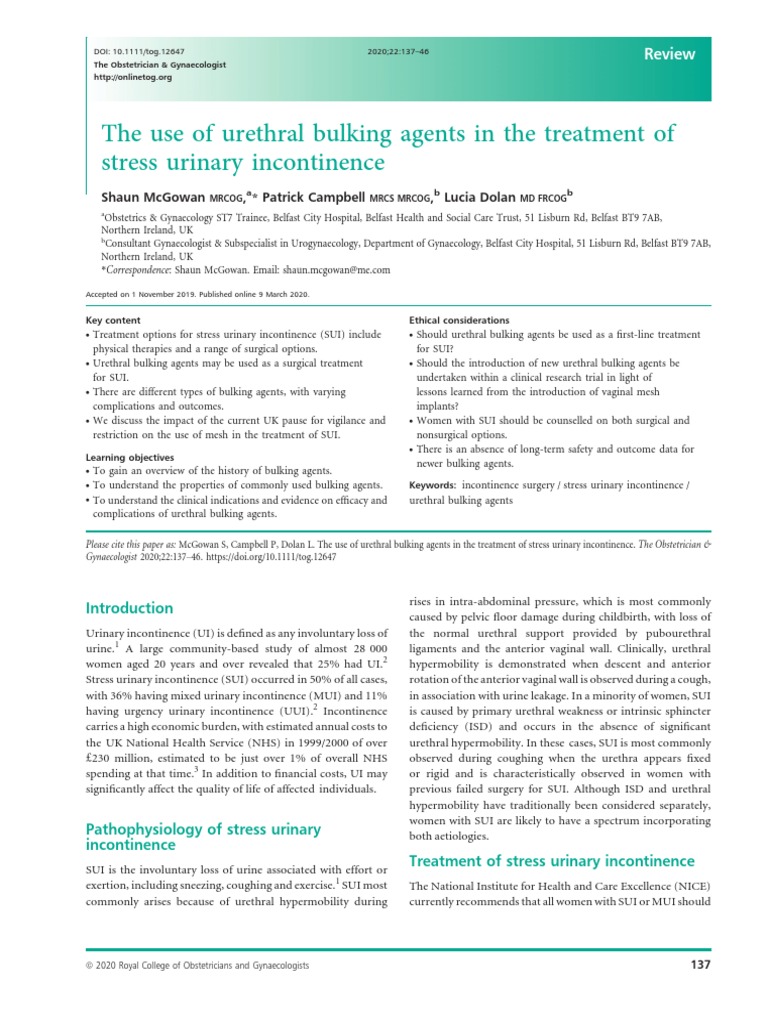 12 - Urethral Bulking Agents TOG 2020 | PDF | Urinary Incontinence ...