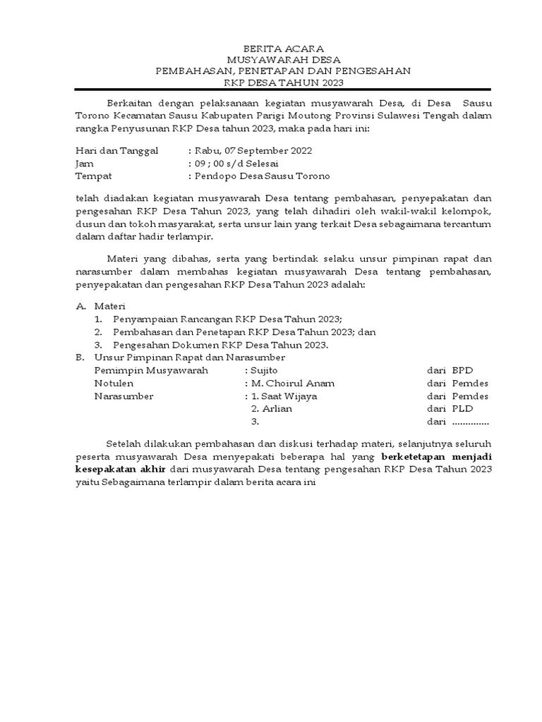 BA, Musdes Pengesahan RKP Desa 2022 | PDF