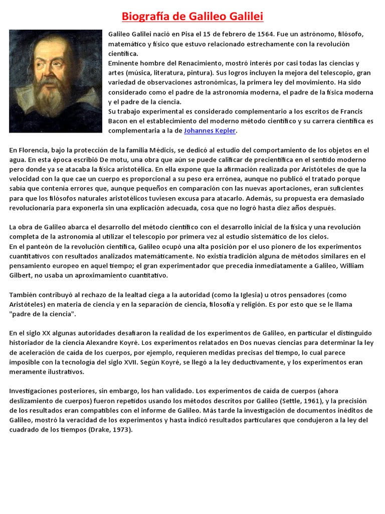 Biografía y descubrimientos de Galileo Galilei | PDF | Galileo Galilei ...