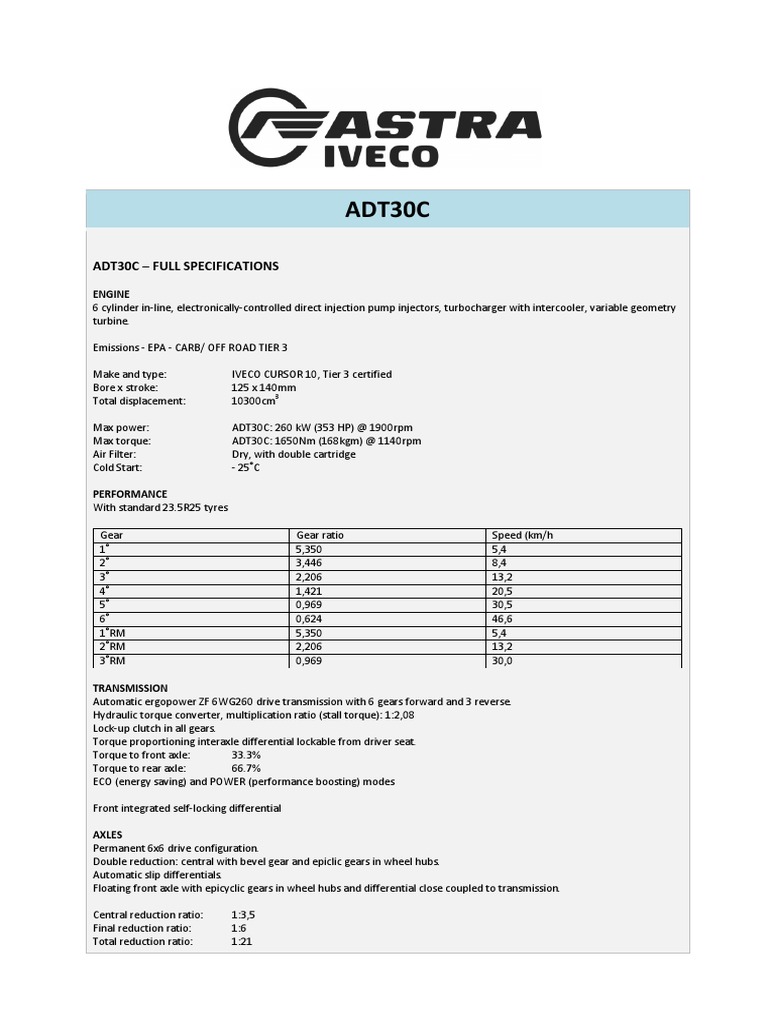 Astra Iveco Adt30c - Full - Specifications | PDF | Automatic ...