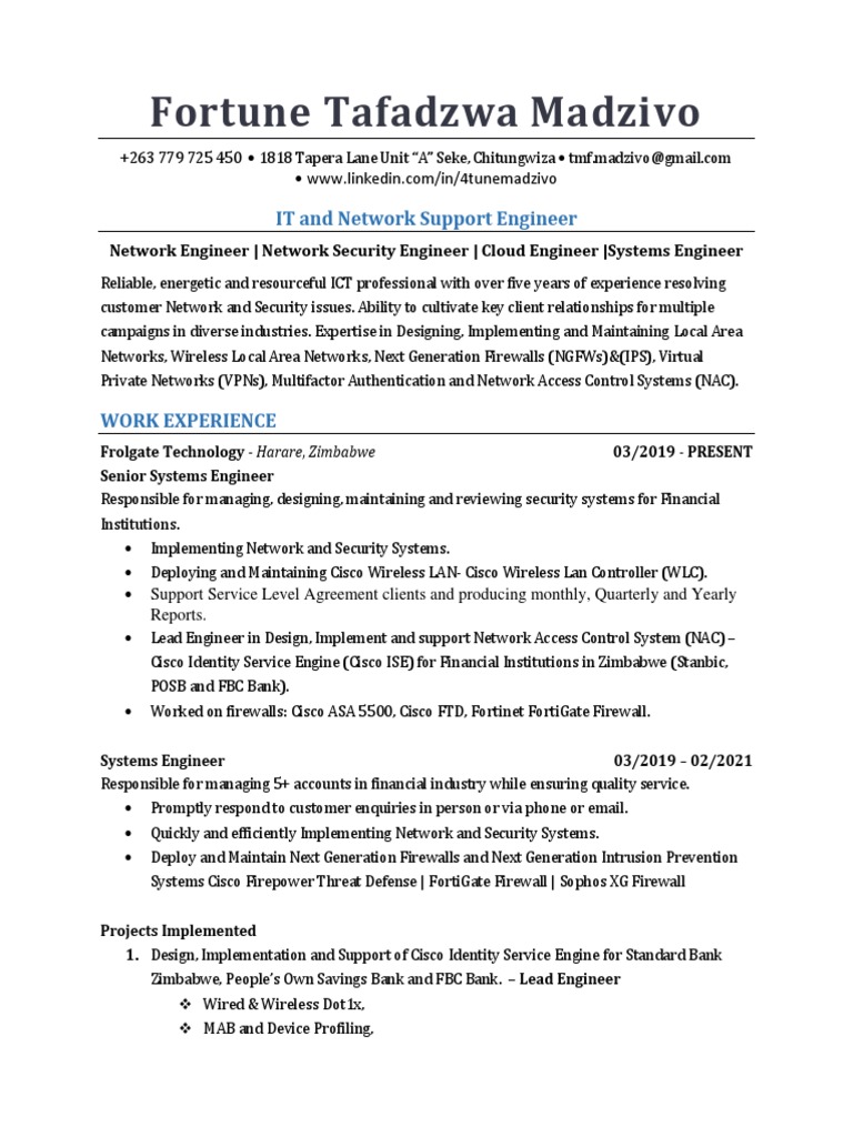 Fortune - Tafadzwa - Madzivo - IT and Network Support Engineer | PDF | Computer Network | Cisco ...