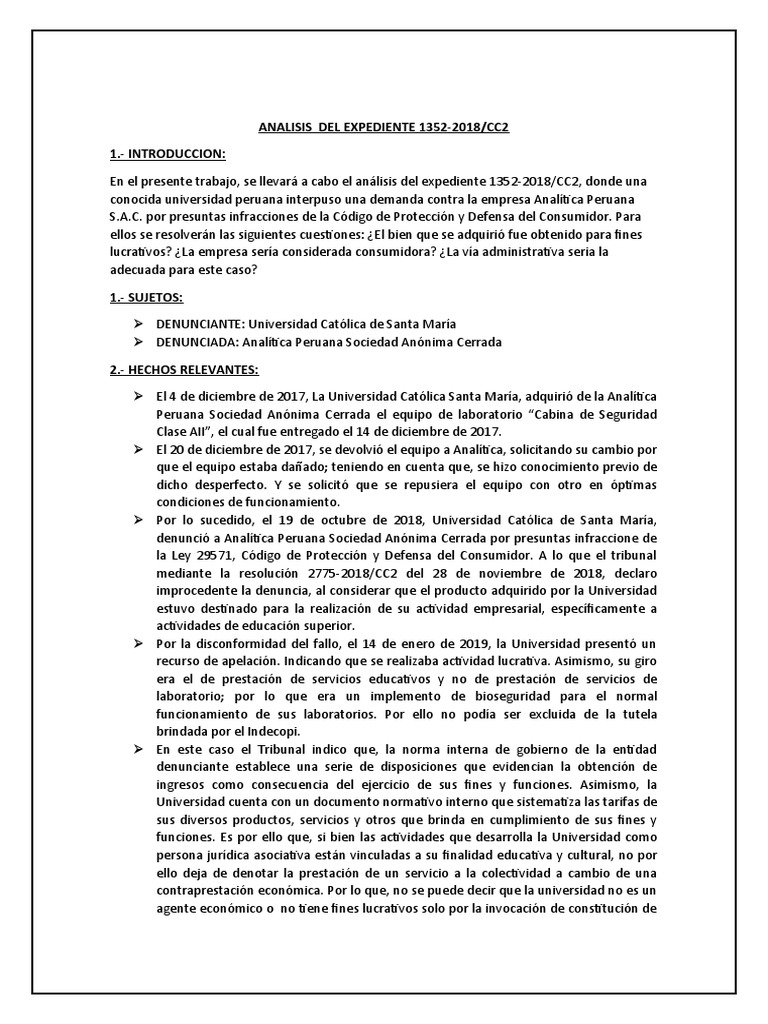 Analisis Del Expediente 1352-2018/Cc2 1.-Introduccion | PDF | Los consumidores | Protección al ...