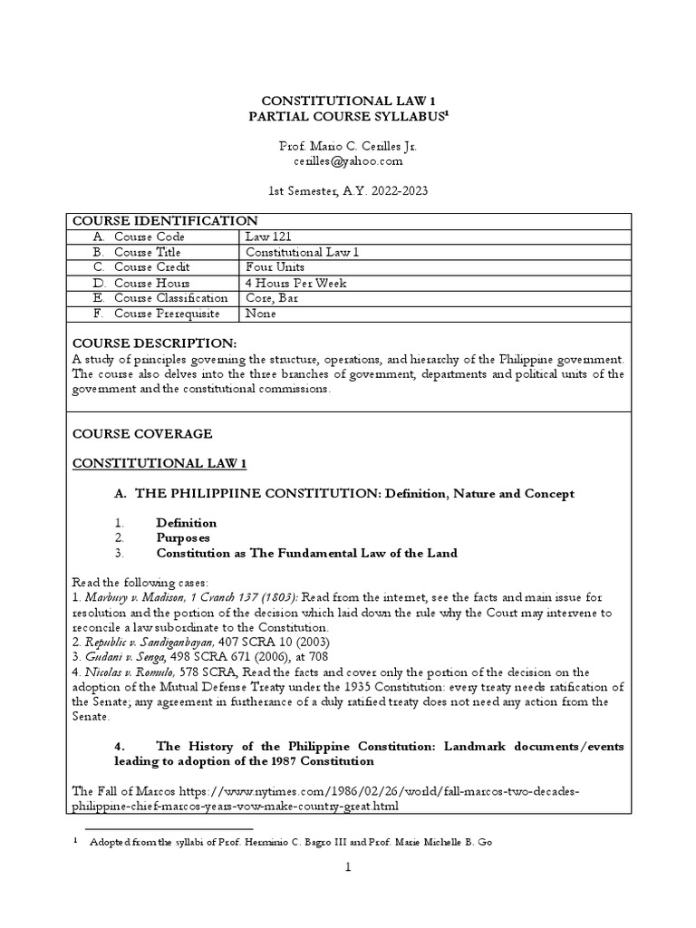 Constitutional Law 1 Syllabus Overview | PDF | Commission On Elections ...