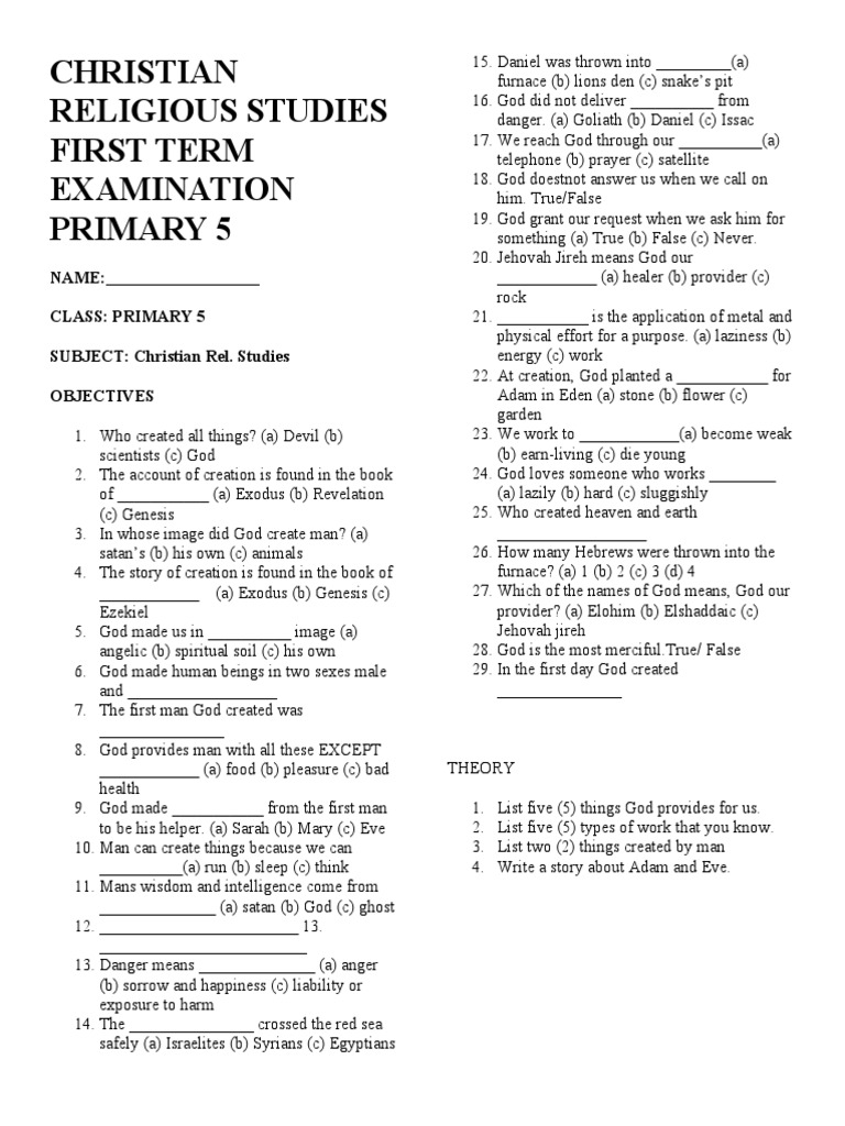 Christian Religious Studies First Term Examination Primary 5 | PDF ...