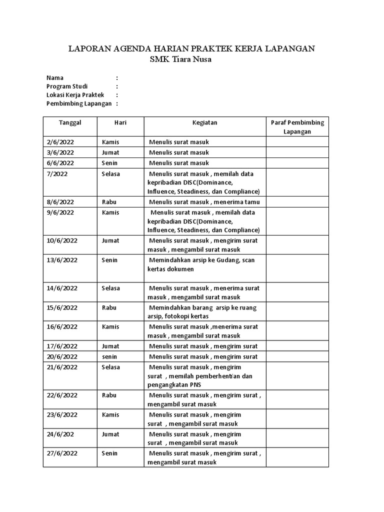 Form Agenda Laporan Harian PKL (BKPSDM) | PDF