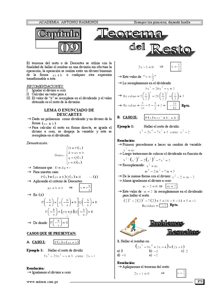 Teorema del Resto: Guía y Ejemplos | PDF | Factorización | División ...