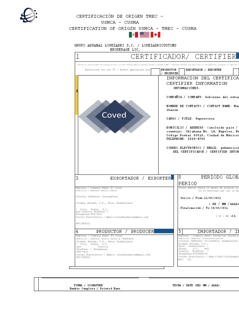 1 Certificador/ Certifier: Certificación de Origen Tmec - Usmca - Cusma ...