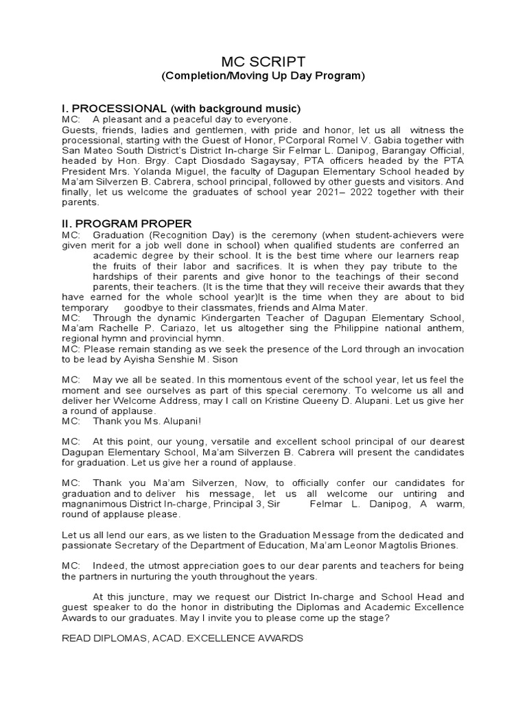 Emcee Script For Moving Up or Graduation | PDF