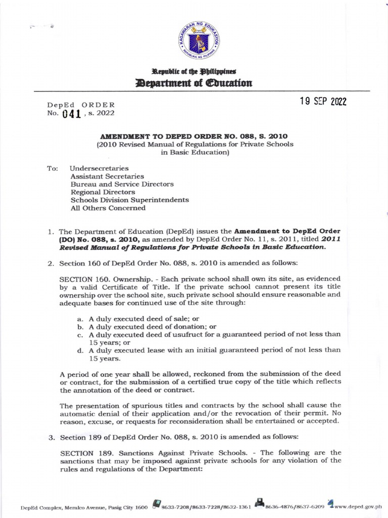 DepEd Order No.041, S 2022 Re Amendment To DepEd Order No. 88, S. 2010 ...