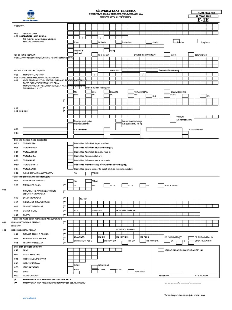 Formulir Data Pribadi Mahasiswa UT F1-E AM01-RK10-RII.6 09 Maret 2020 ...