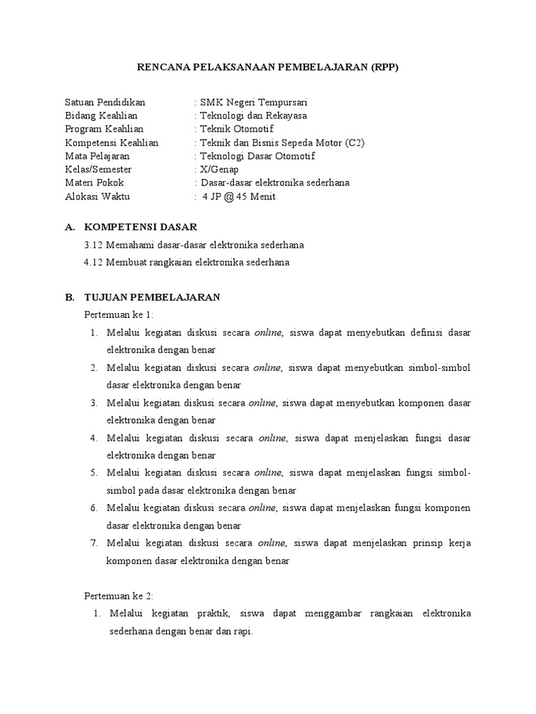 RPP KD. 3.12 RPP Memahami Dasar-Dasar Elektronika Sederhana | PDF