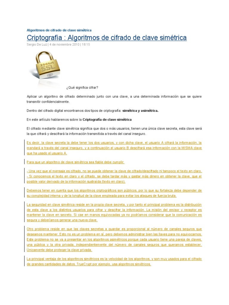 Algoritmos de Cifrado Simétrico | PDF | Clave (criptografía ...