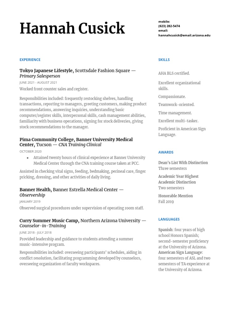 Hannah Cusick Resume | PDF | Arizona | Public Services