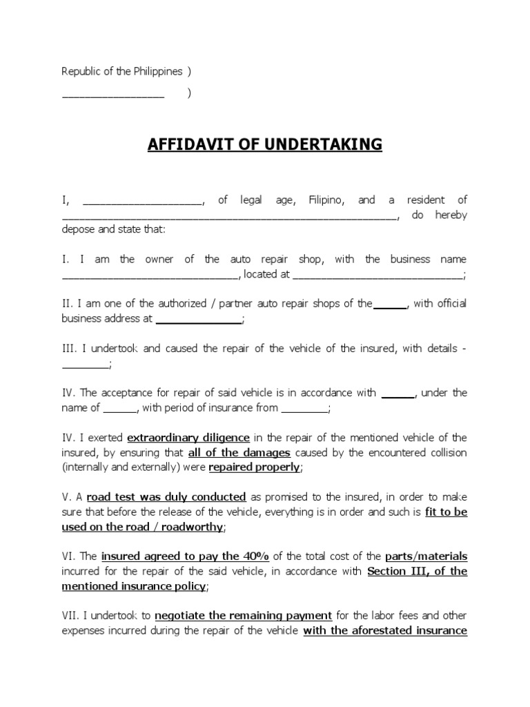 Affidavit of Undertaking - Repair | PDF | Affidavit | Insurance