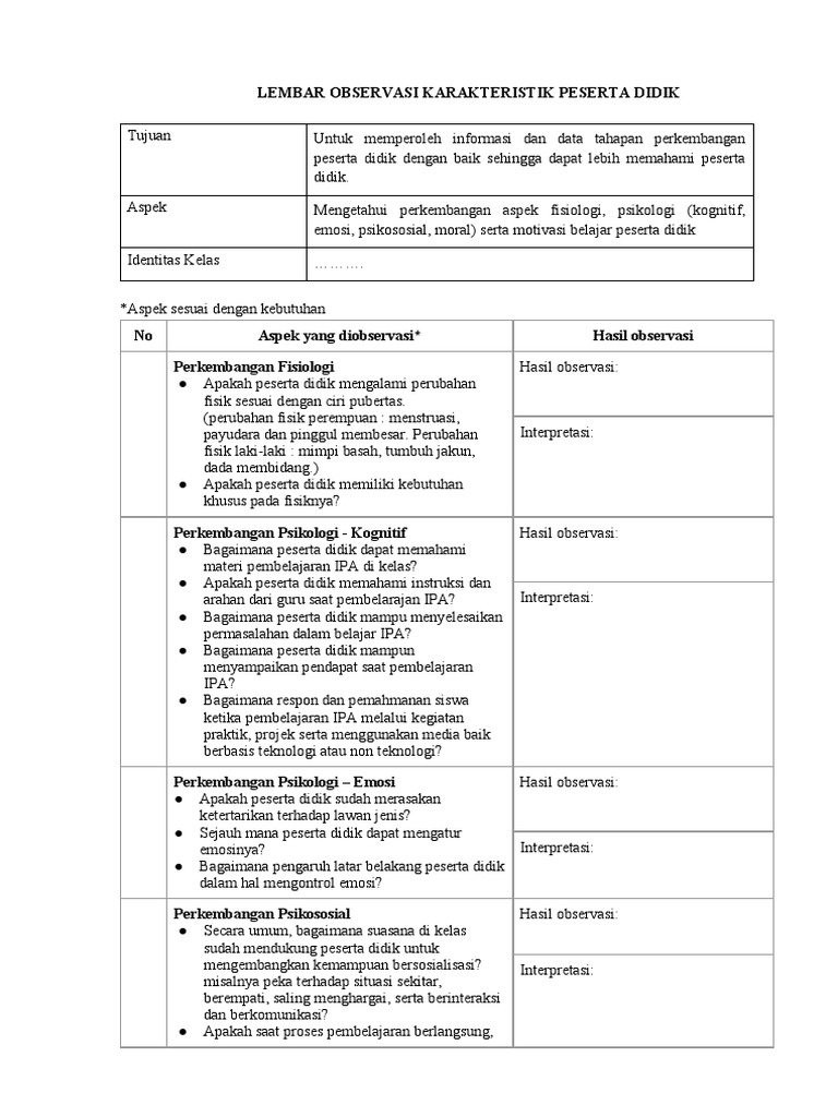 Panduan Lembar Observasi Karakteristik Peserta Didik | PDF