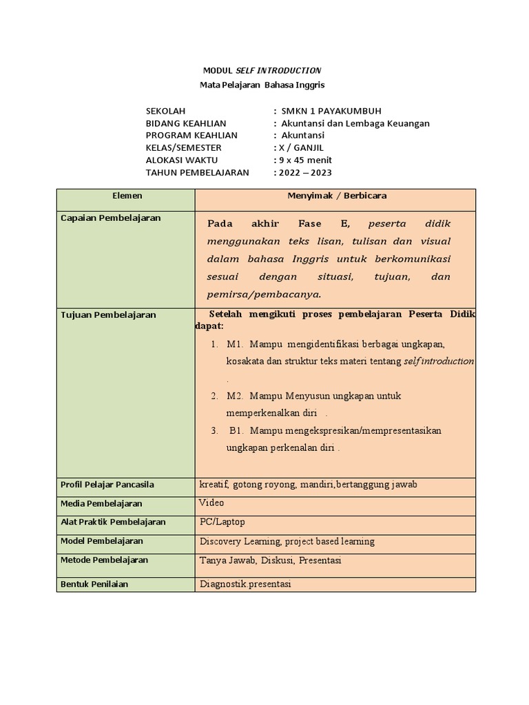 MODUL AJAR Self Introduction | PDF