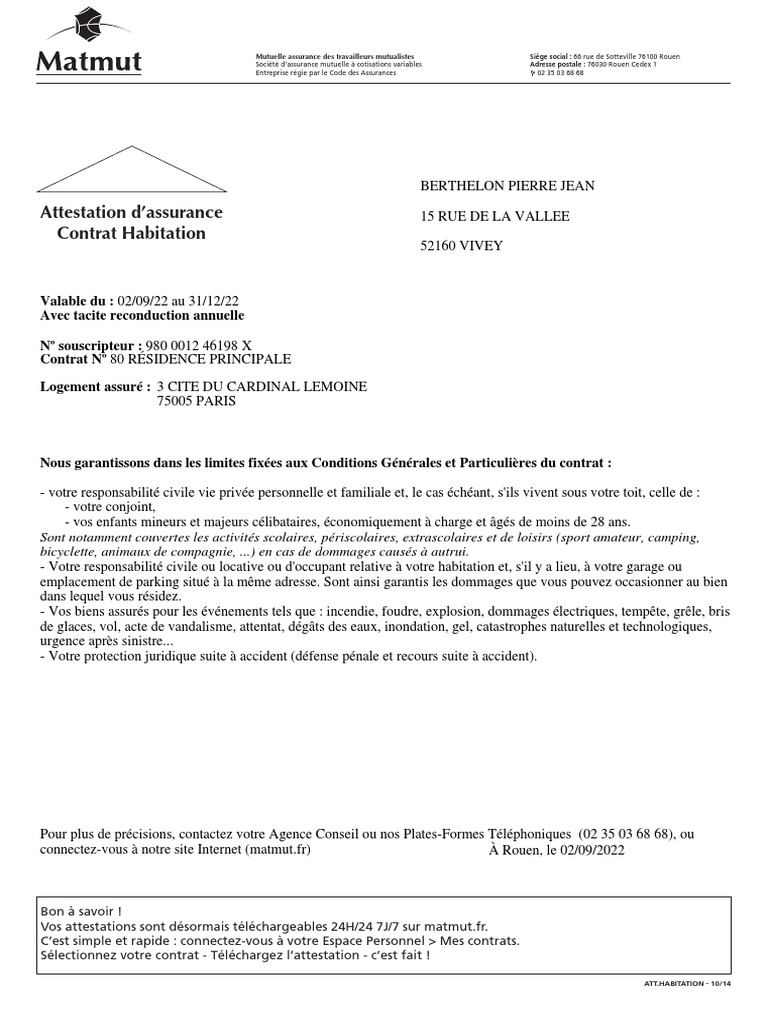Attestation d'Assurance Habitation Matmut | PDF | Assurance