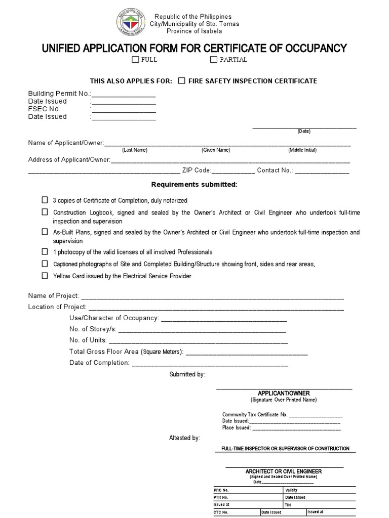 Certificate of Occupancy Application Form | PDF | Finance & Money ...