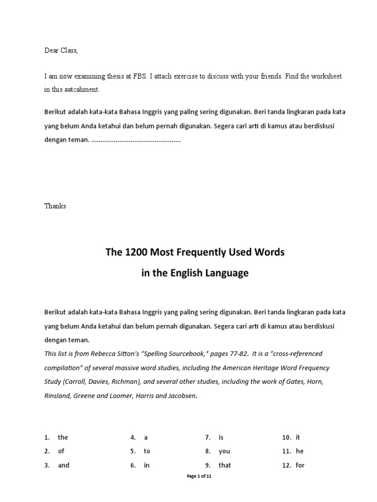 The 1200 Most Frequently Used Words | PDF