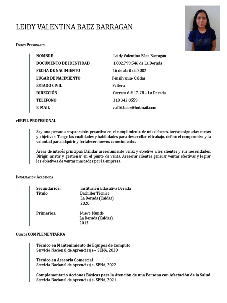 Hoja de Vida Leidy Valentina Baez | PDF