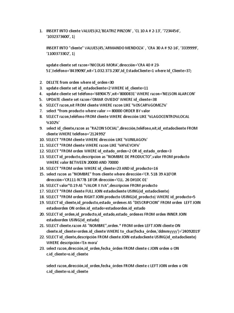 Comandos Taller SQL DML | PDF | SQL