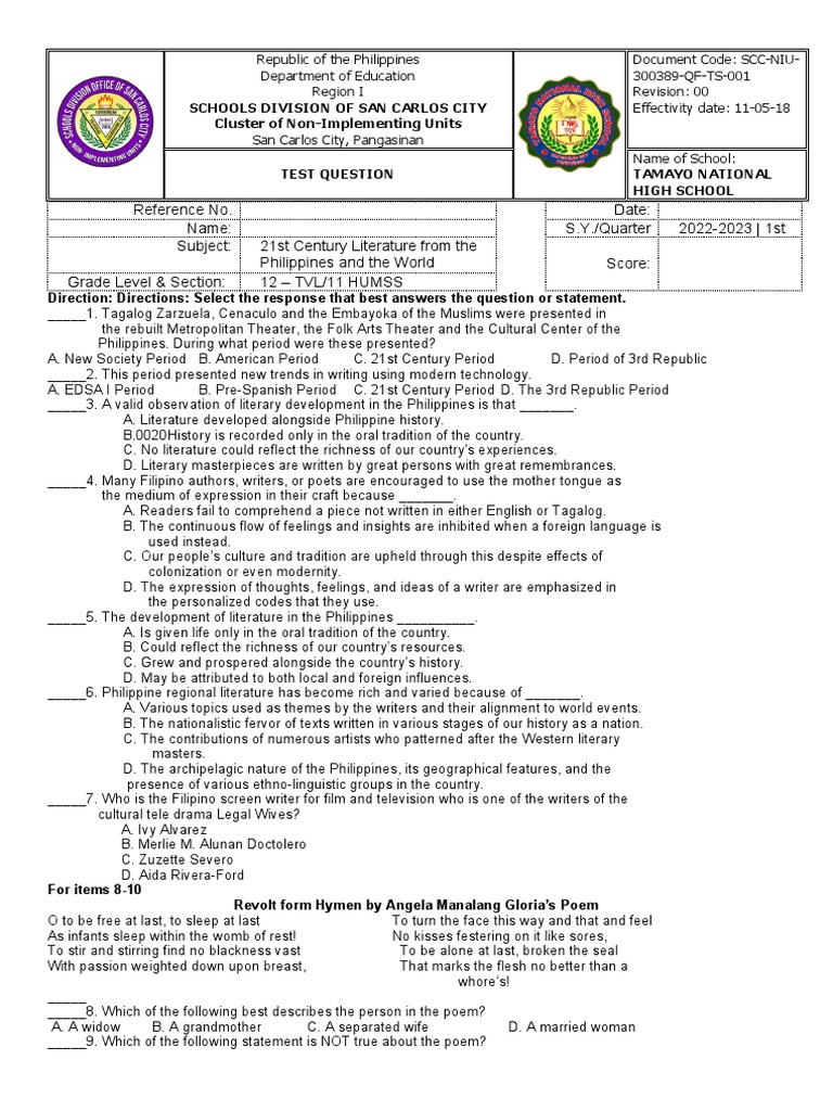 21st Century Literature Test Questions | PDF | Multimedia | Educational ...