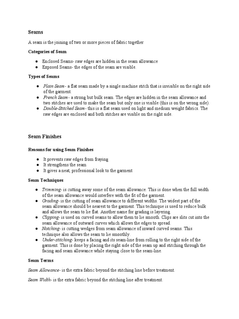 Seams Notes | PDF | Seam (Sewing) | Textiles