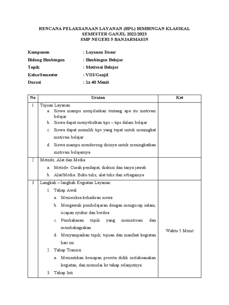 RPL Bimbingan Motivasi Belajar Kelas VIII | PDF | Karier & Perkembangan