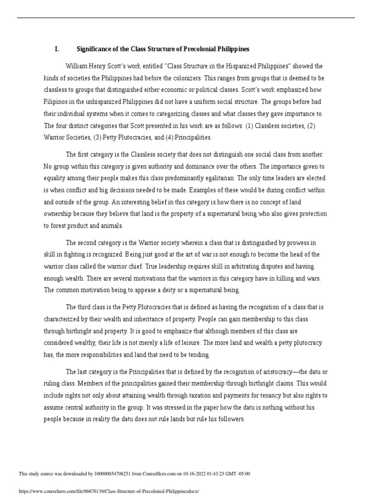 Precolonial Philippine Class Structures | PDF | Egalitarianism ...