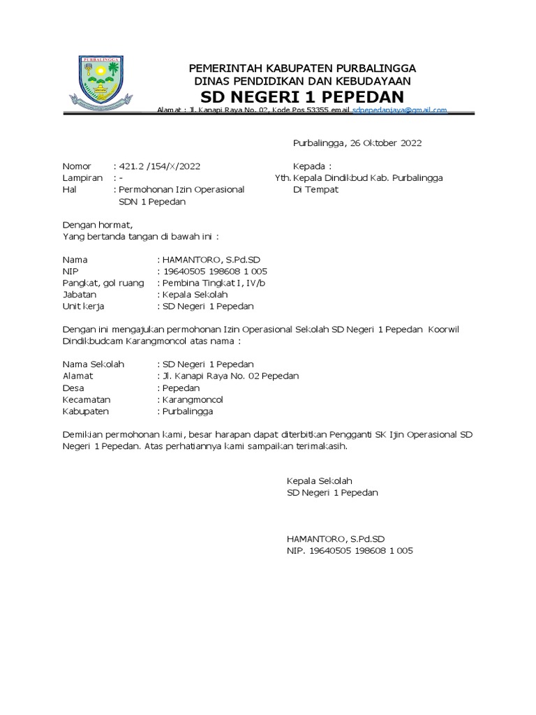 Surat Permohonan Ijin Operasional Sekolah | PDF