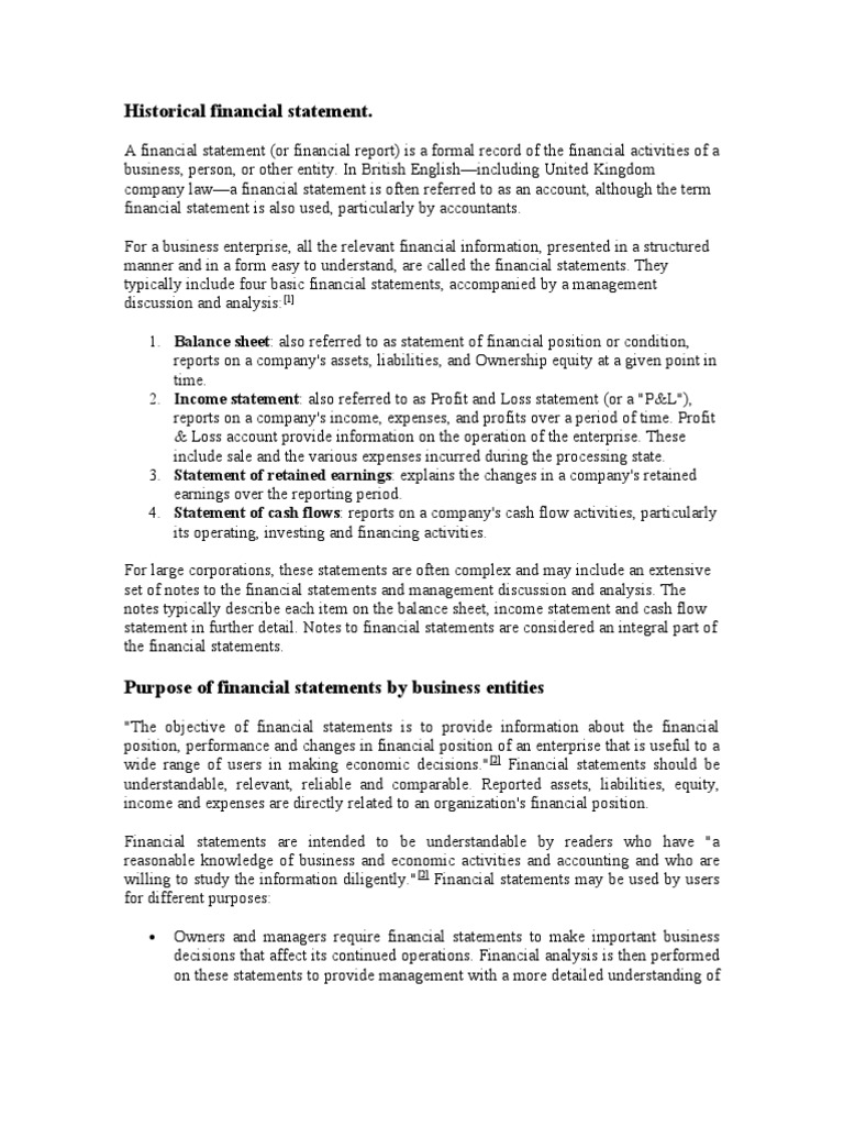 Historical Financial Statement | Financial Statement | Balance Sheet