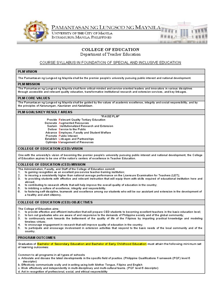 Special and Inclusive Education Syllabus | PDF | Teaching Method ...
