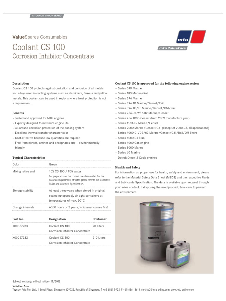 Product Data of MTU Coolant-CS100 | PDF | Coolant | Corrosion