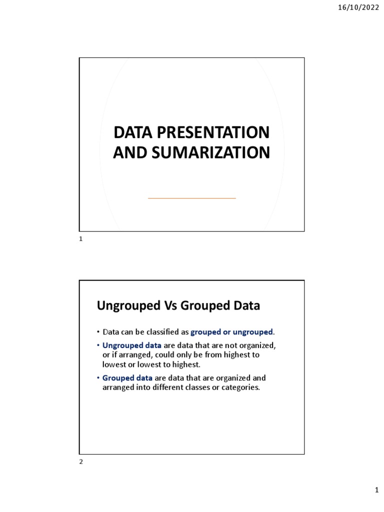 Data Presentation and Sumarization: Ungrouped Vs Grouped Data | PDF | Quartile | Chart