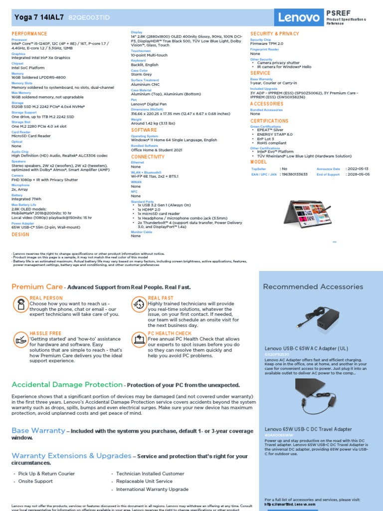 Yoga 7 14IAL7 82QE003TID | PDF | Computing | Office Equipment