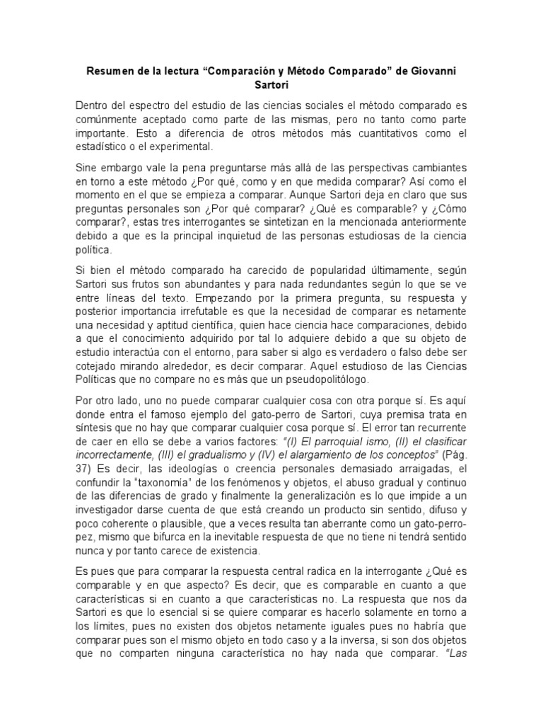 Resumen de La Lectura "Comparación y Método Comparado" de Giovanni Sartori | PDF | Ciencias ...